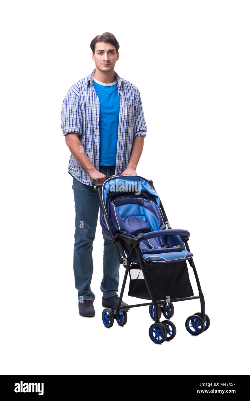 Young dad with child pram isolated on white Stock Photo - Alamy