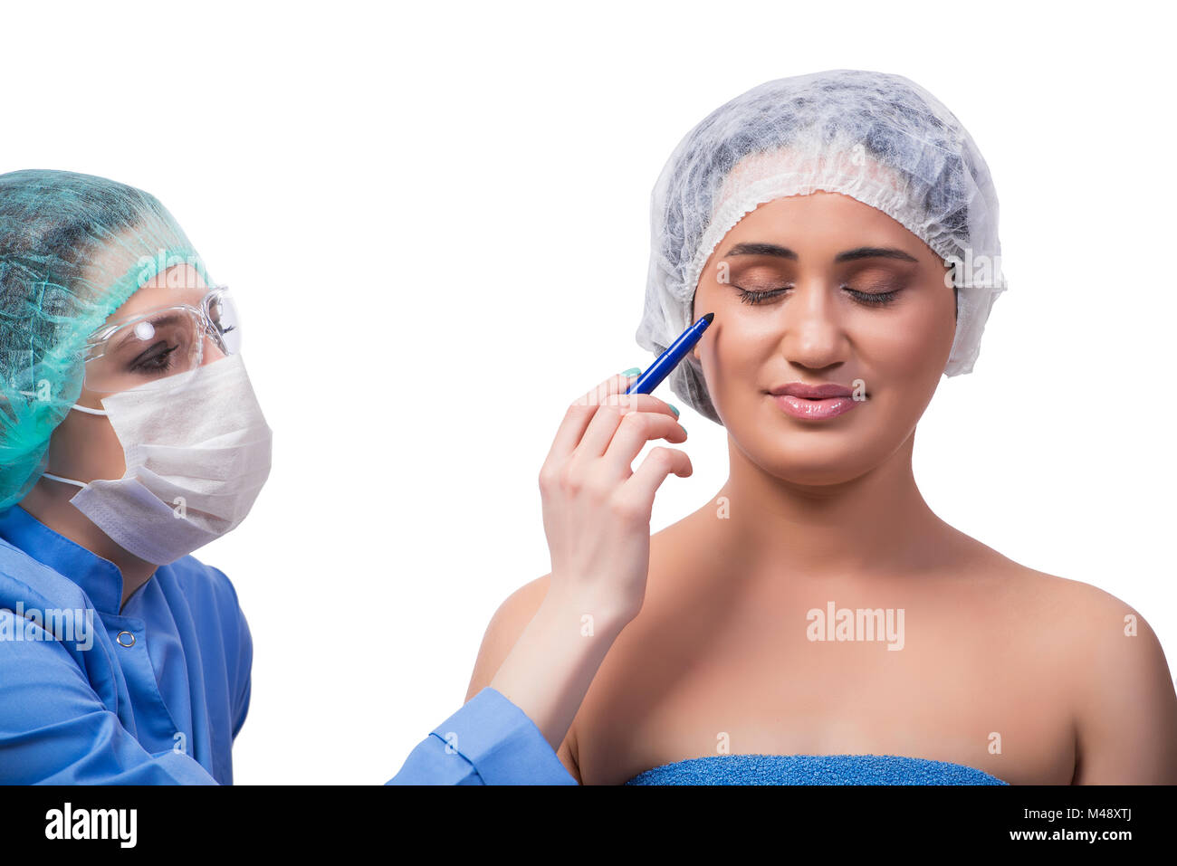 Young woman preparing for plastic surgery isolated on white Stock Photo ...
