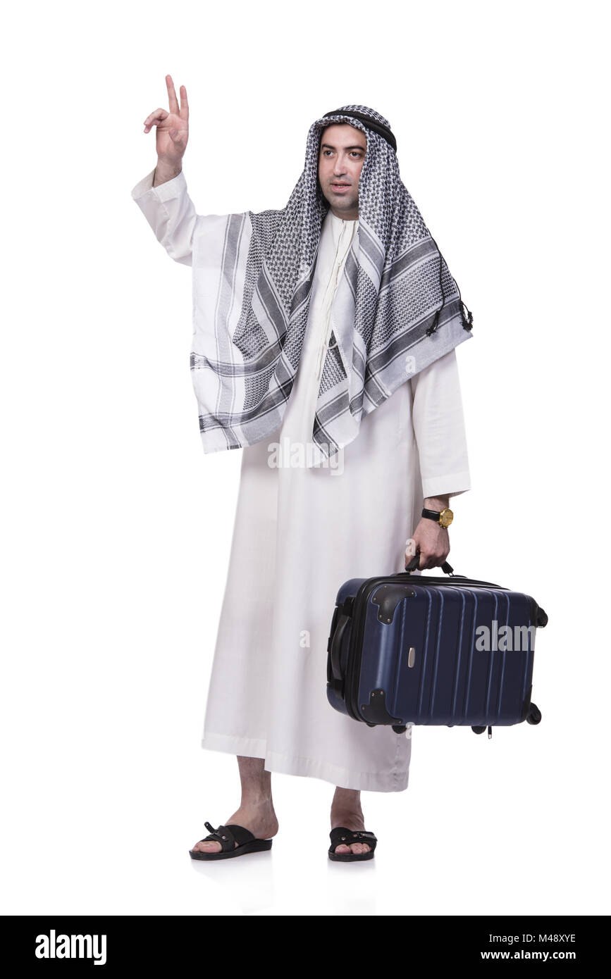 Arab man with suitcase in travel concept isolated on white Stock Photo ...