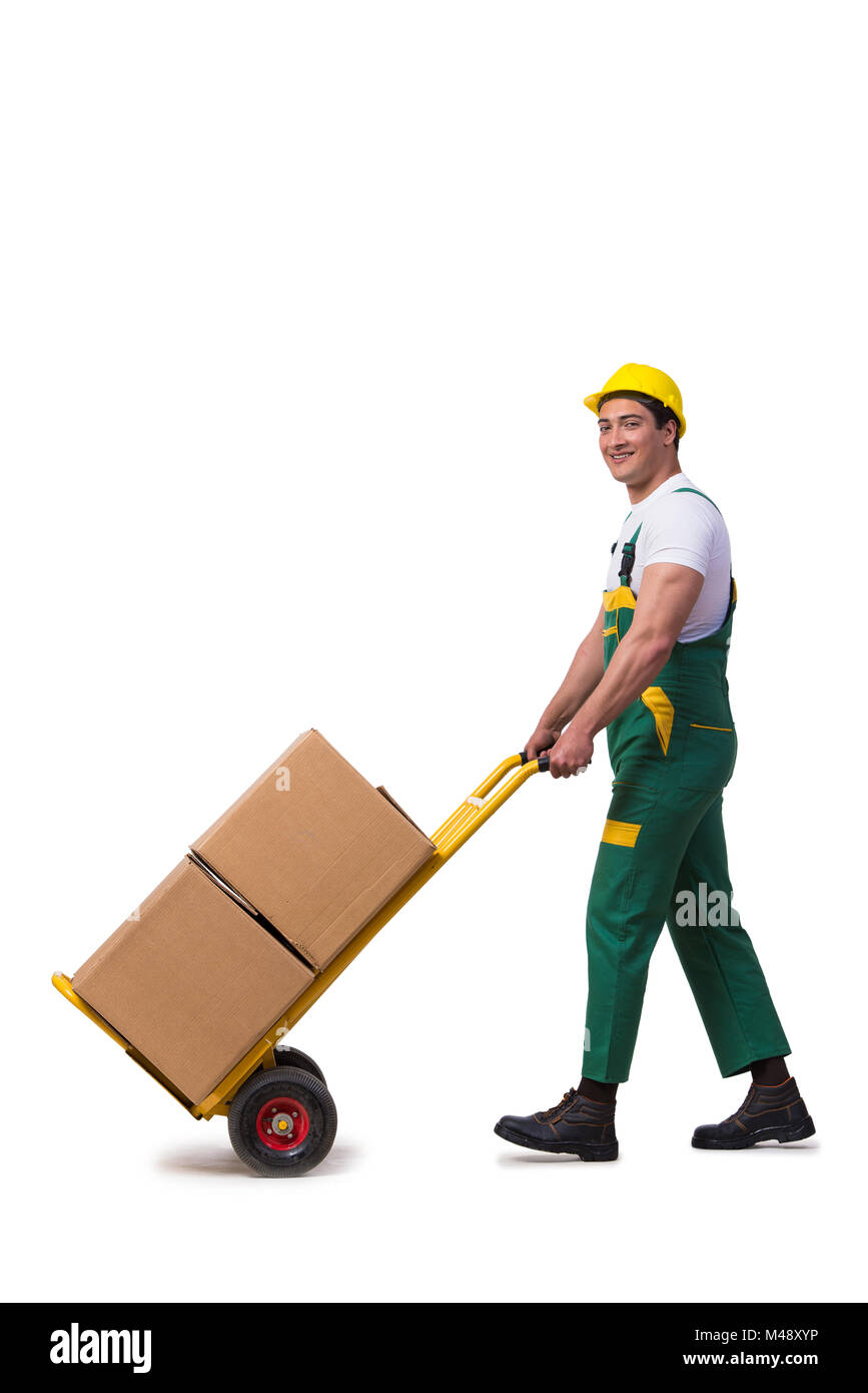 Man moving boxes isolated on the white background Stock Photo - Alamy