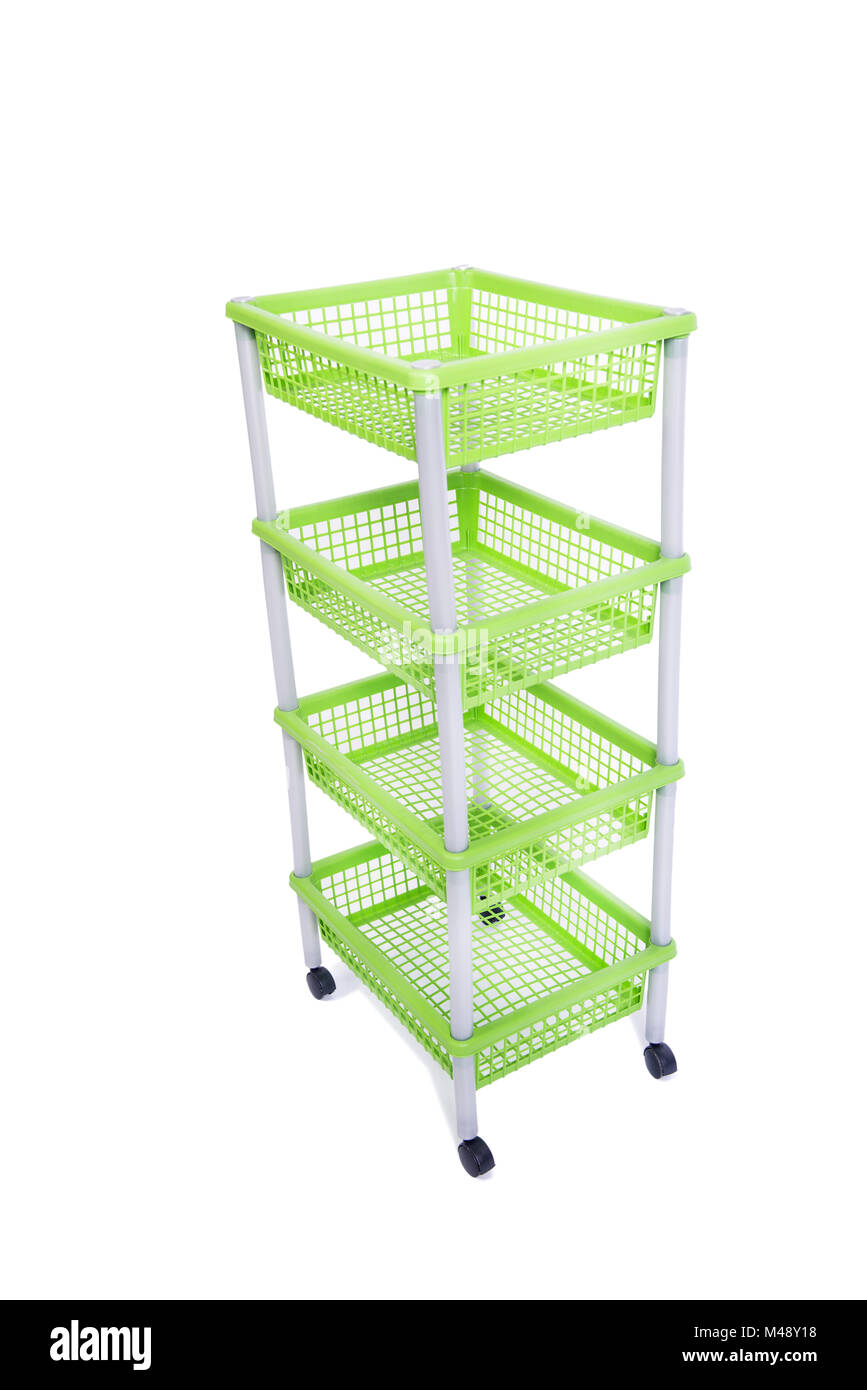Green bin rack shelf with wheels isolated on white Stock Photo - Alamy