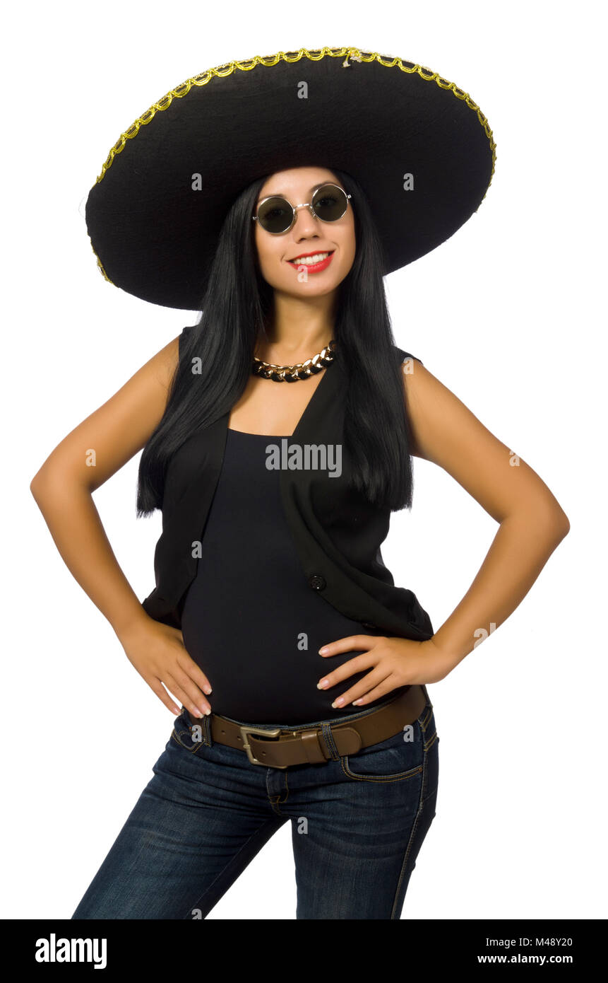 Young mexican woman wearing sombrero isolated on white Stock Photo - Alamy