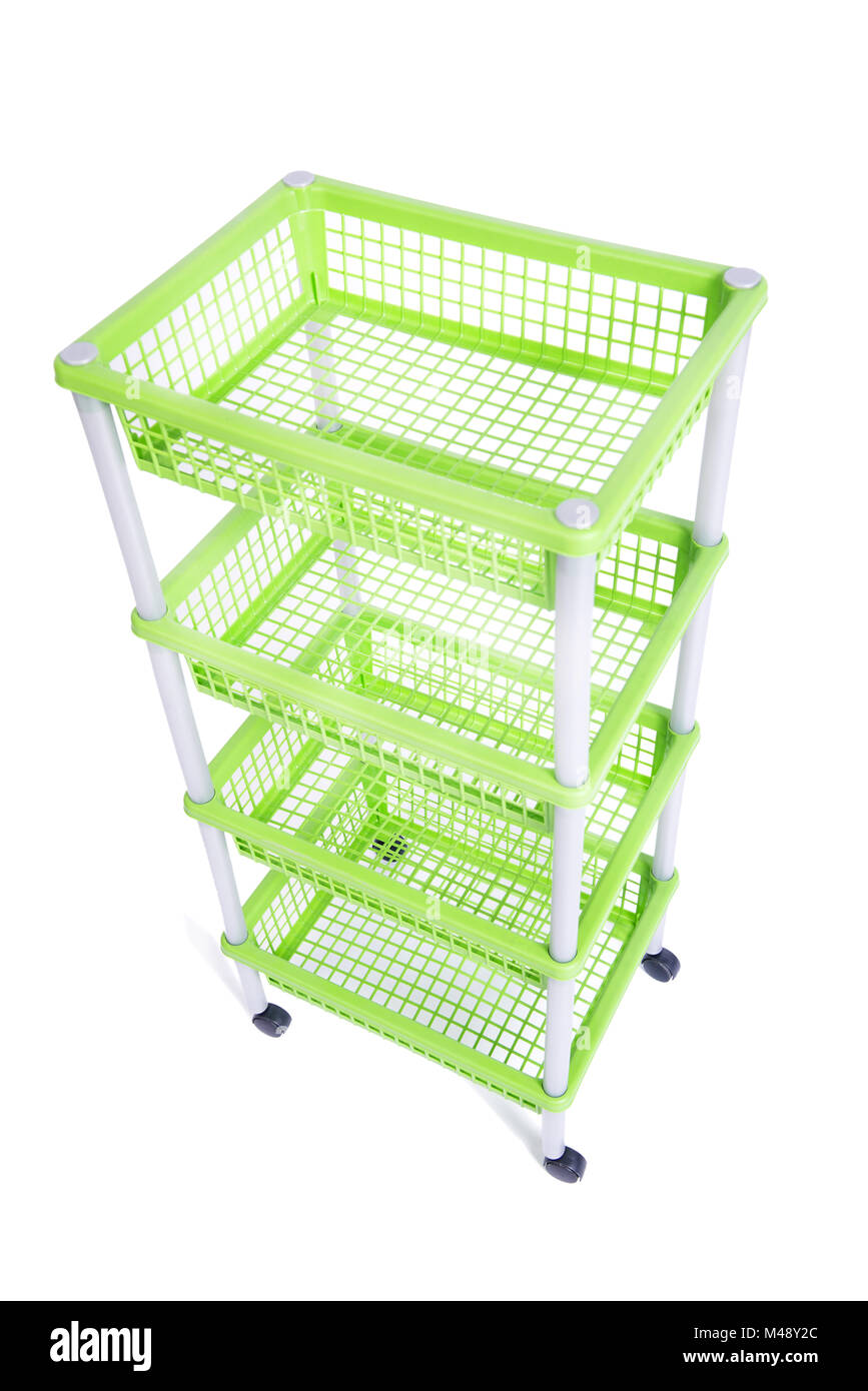 Green bin rack shelf with wheels isolated on white Stock Photo - Alamy