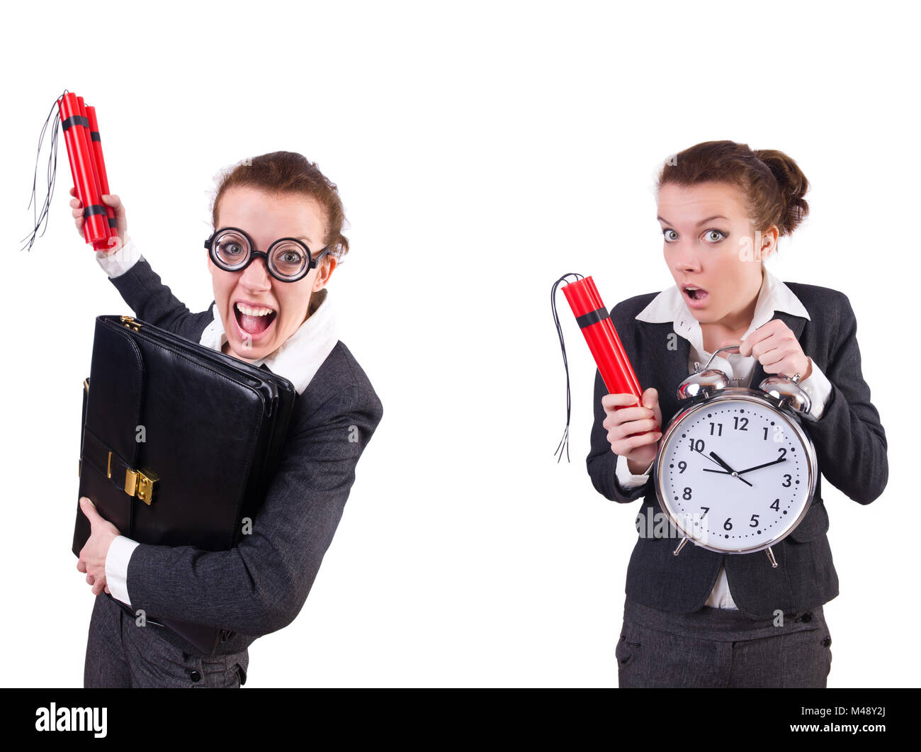 Woman businesswoman with dynamite stick isolated on white Stock Photo ...