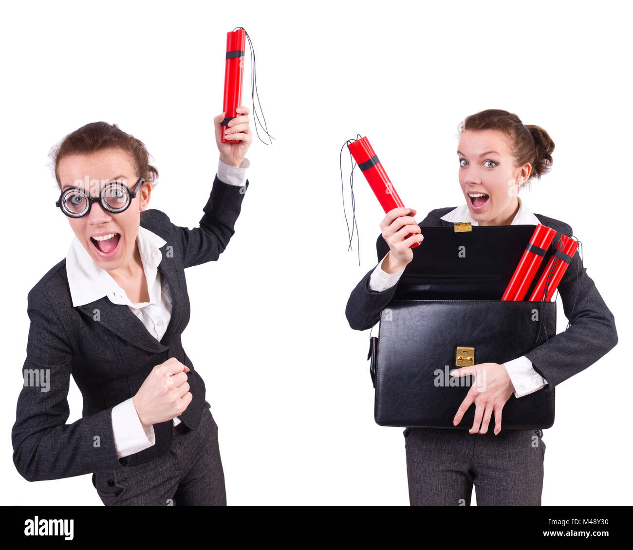 Woman businesswoman with dynamite stick isolated on white Stock Photo ...