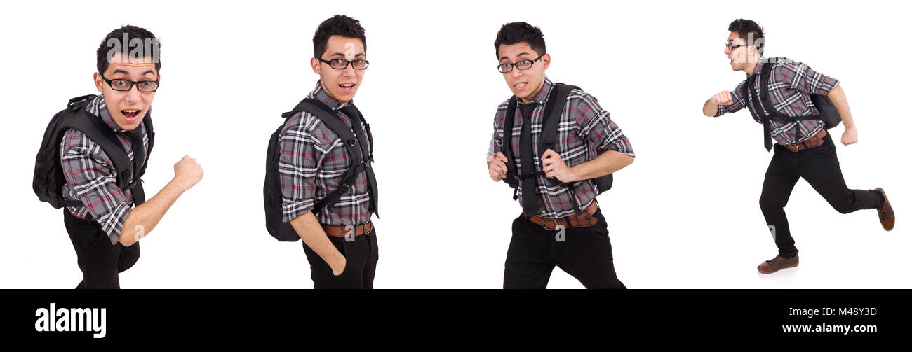 Young employee with backpack isolated on white Stock Photo - Alamy