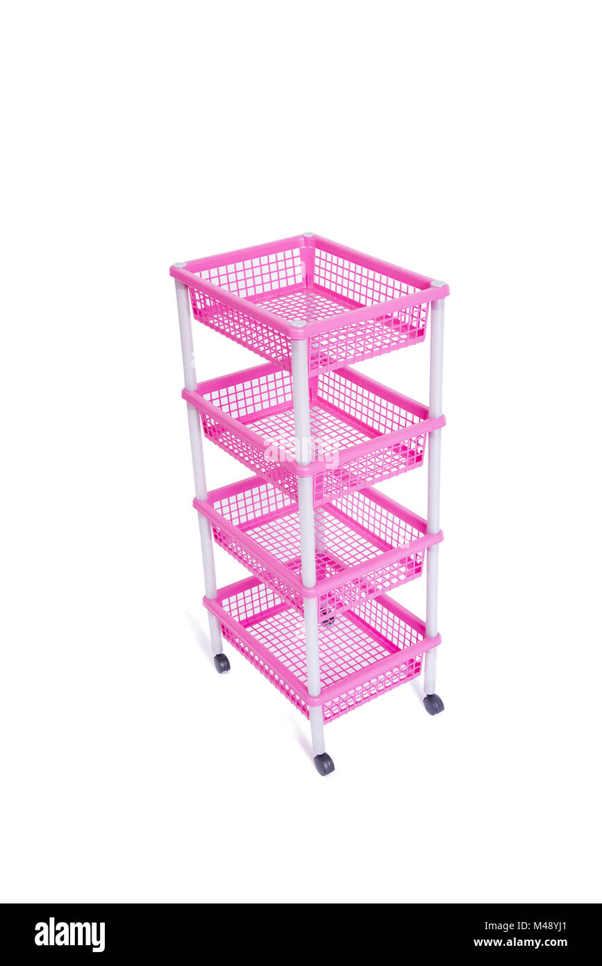 Pink bin rack shelf with wheels isolated on white Stock Photo - Alamy