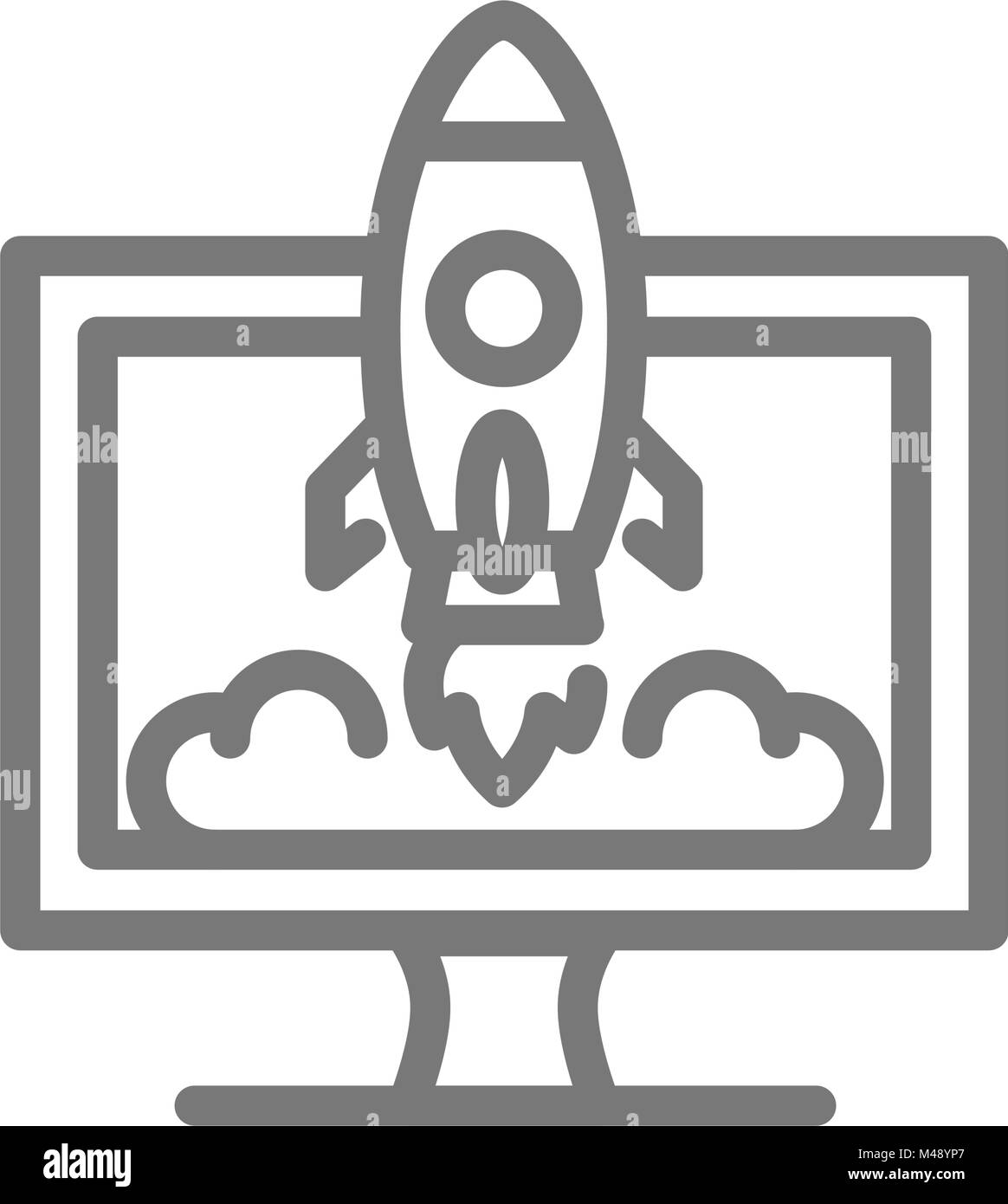Simple rocket with computer monitor line icon. Symbol and sign vector ...