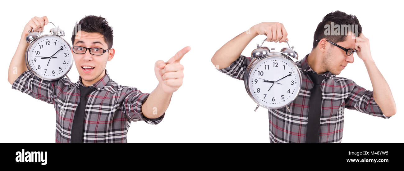 Young man with clock isolated on white Stock Photo - Alamy