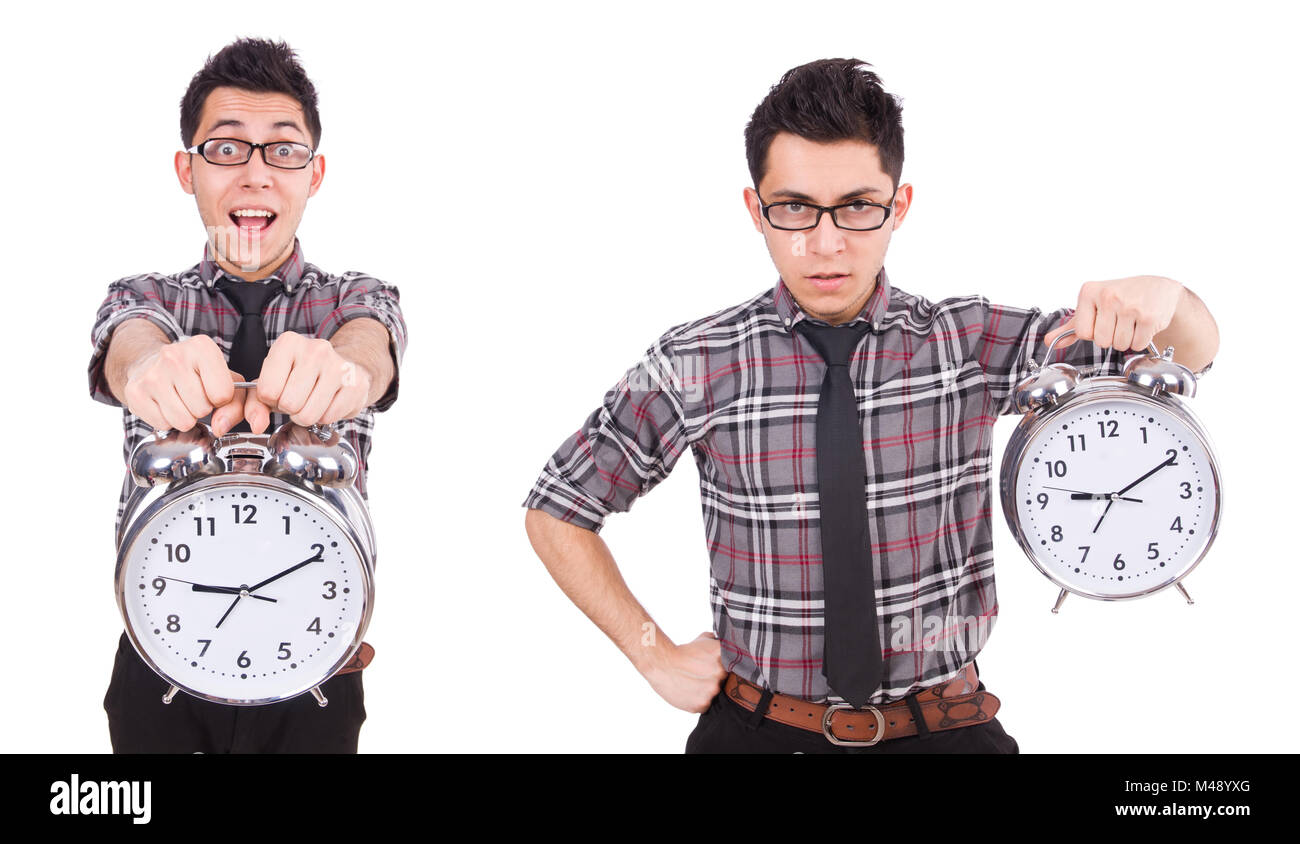 Young man with clock isolated on white Stock Photo - Alamy