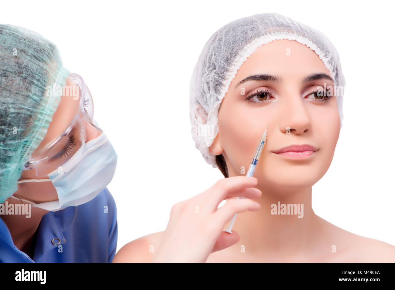 Young woman preparing for plastic surgery isolated on white Stock Photo ...