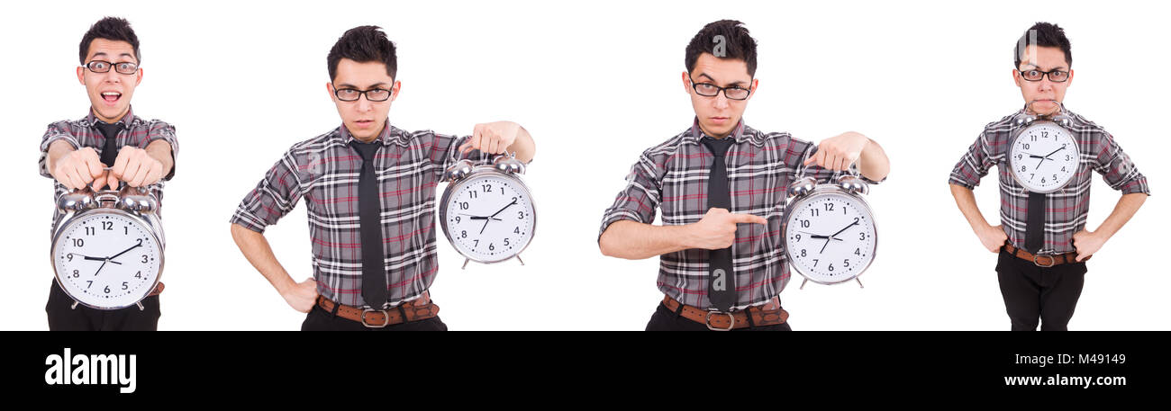 Young man with clock isolated on white Stock Photo - Alamy