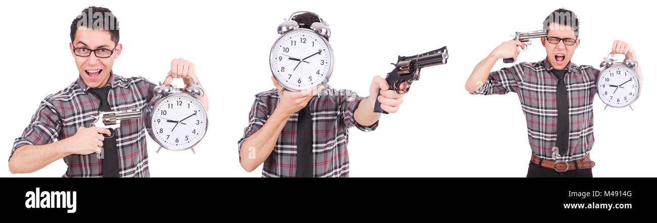 Young man with clock isolated on white Stock Photo - Alamy