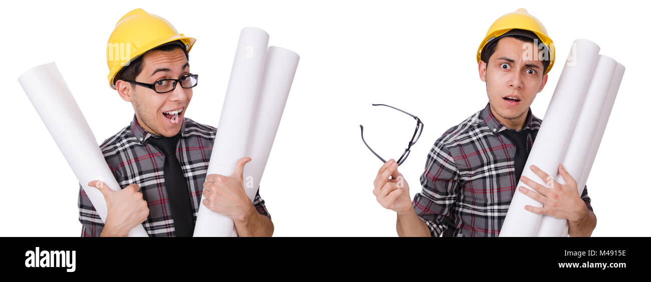 Funny man with blueprints on white Stock Photo - Alamy