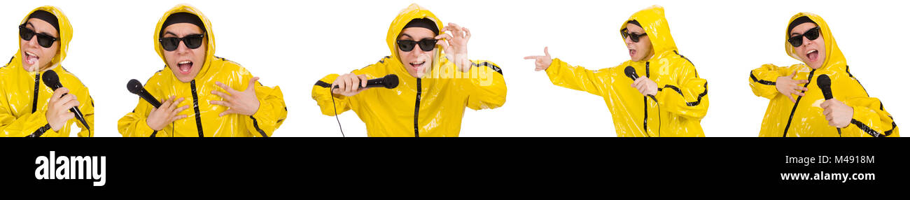 Funny performer with mic isolated on the white Stock Photo - Alamy