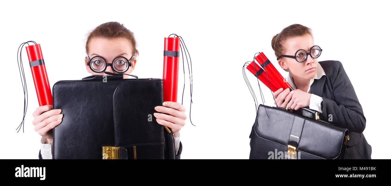 Woman businesswoman with dynamite stick isolated on white Stock Photo ...