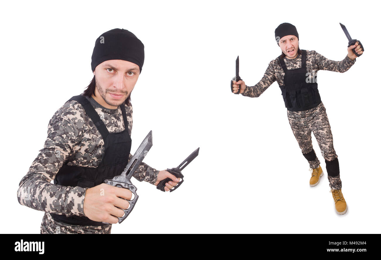 Soldier with knife isolated on white Stock Photo - Alamy