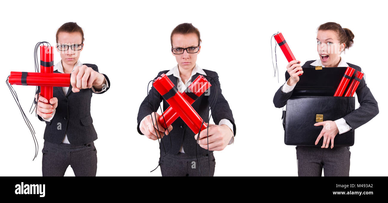 Woman businesswoman with dynamite stick isolated on white Stock Photo ...