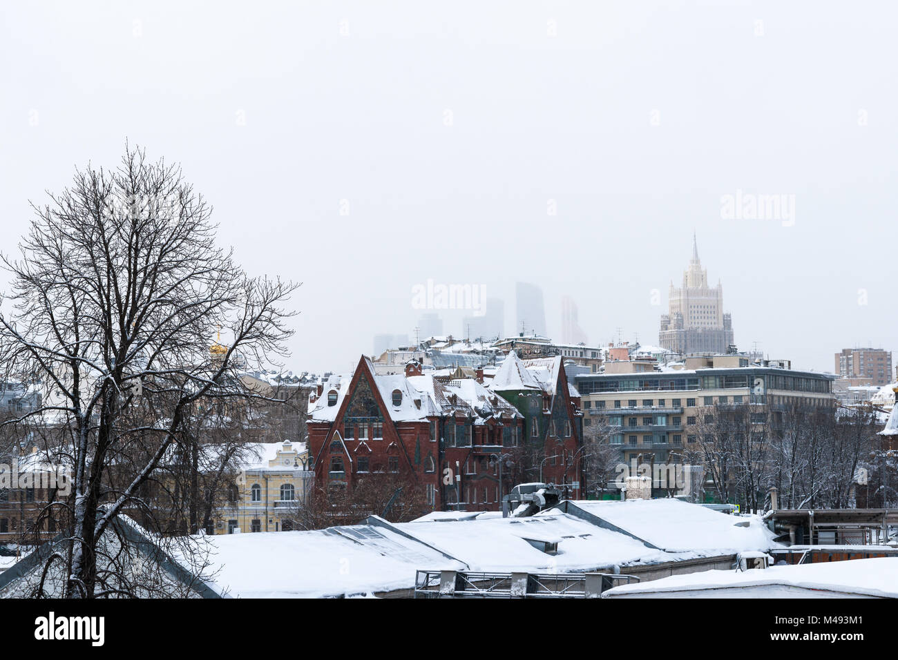 Moscow city skyline in winter season. Historic buildings, modern ...