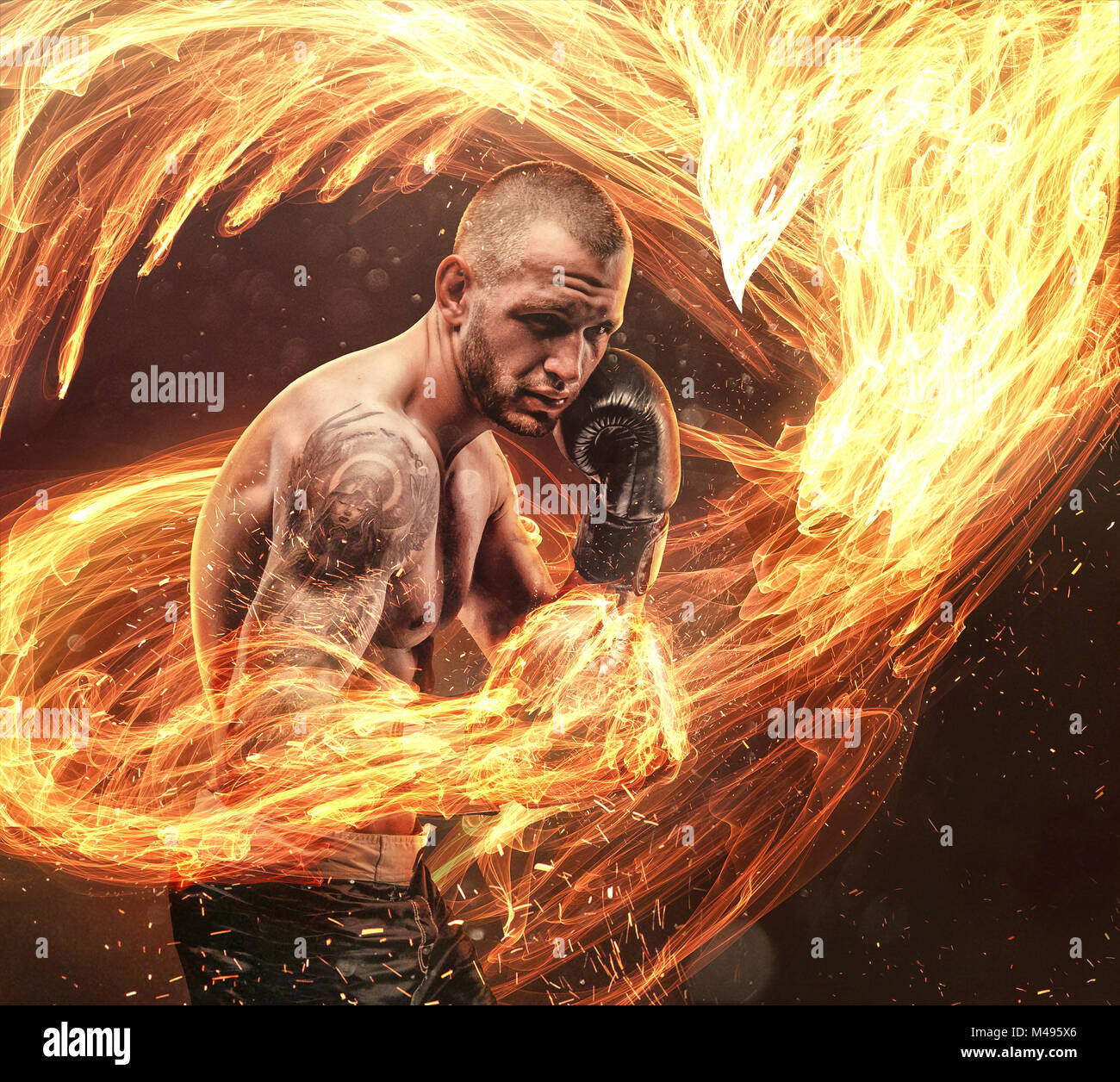 Fighter with phoenix fire bird on background Stock Photo - Alamy