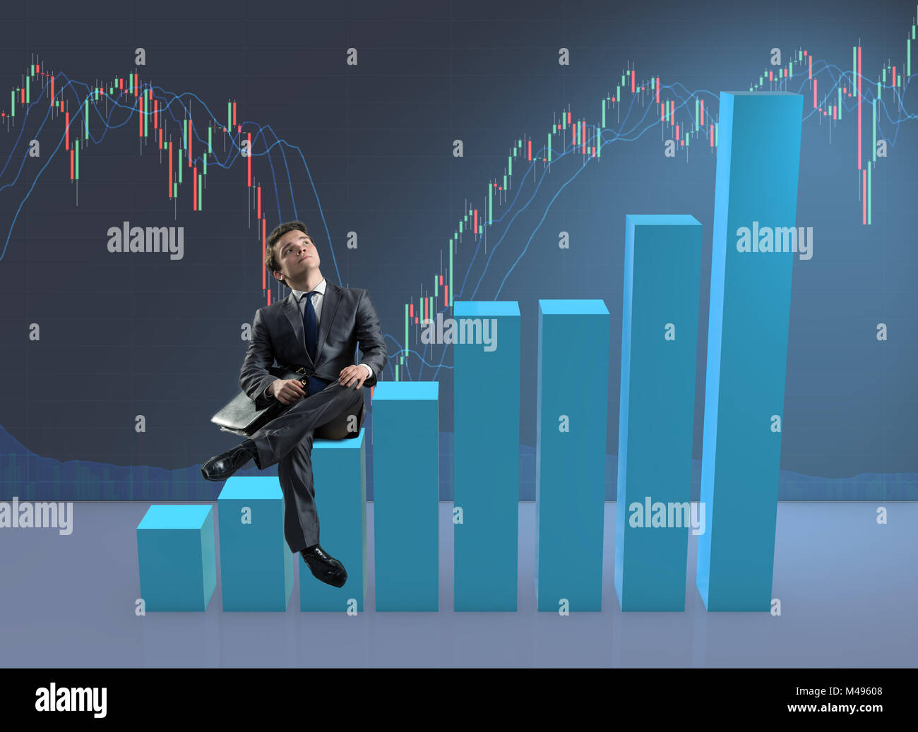 Businessman sitting on bar charts in business concept Stock Photo - Alamy