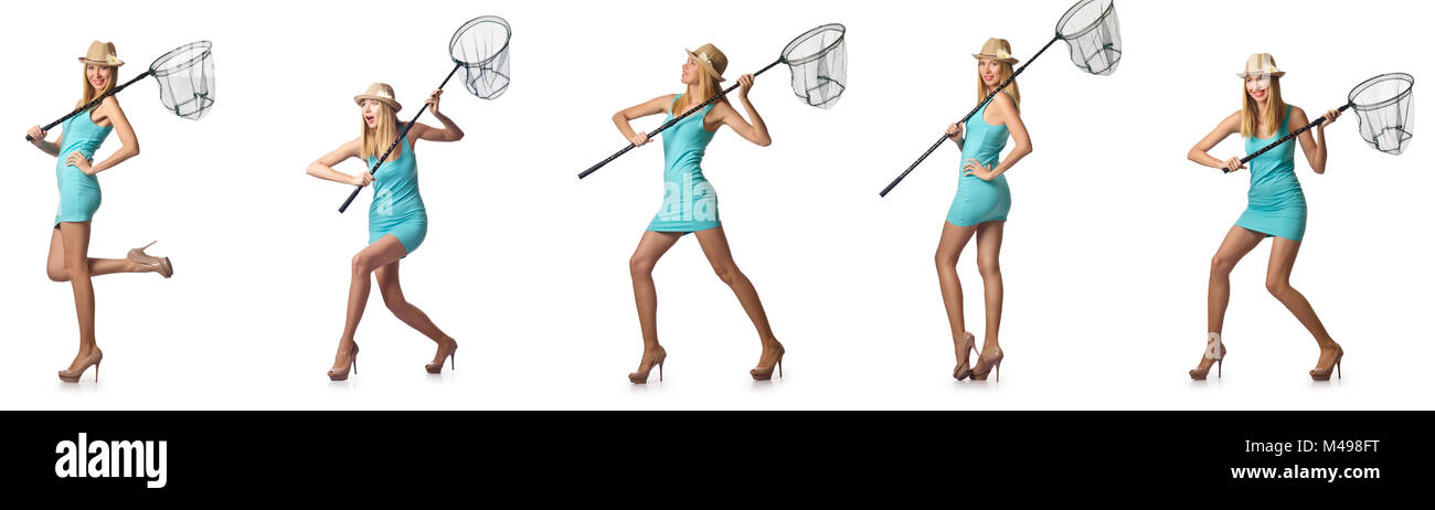 Woman with catching net isolated on white Stock Photo - Alamy