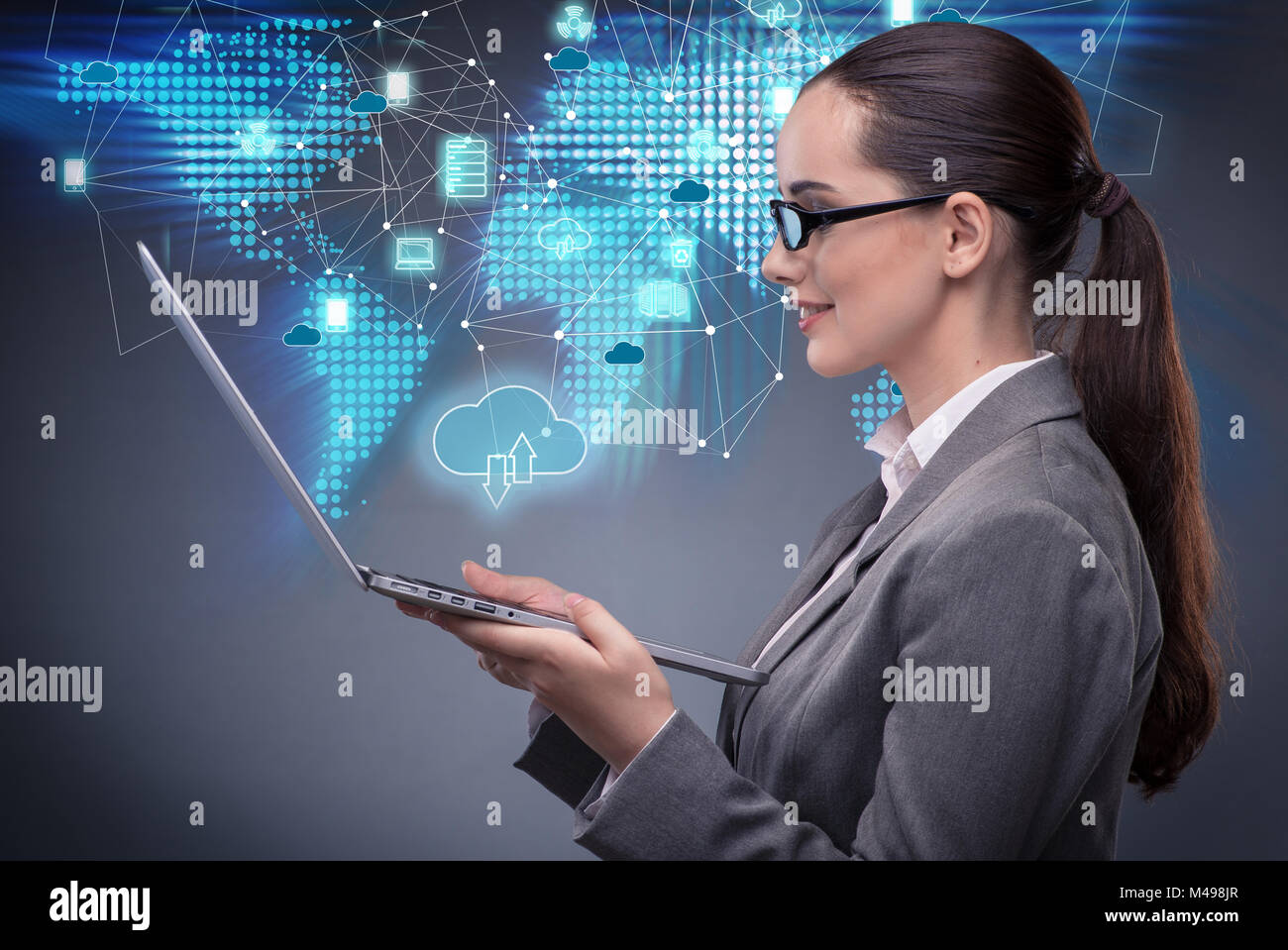 Woman in cloud computing concept Stock Photo - Alamy