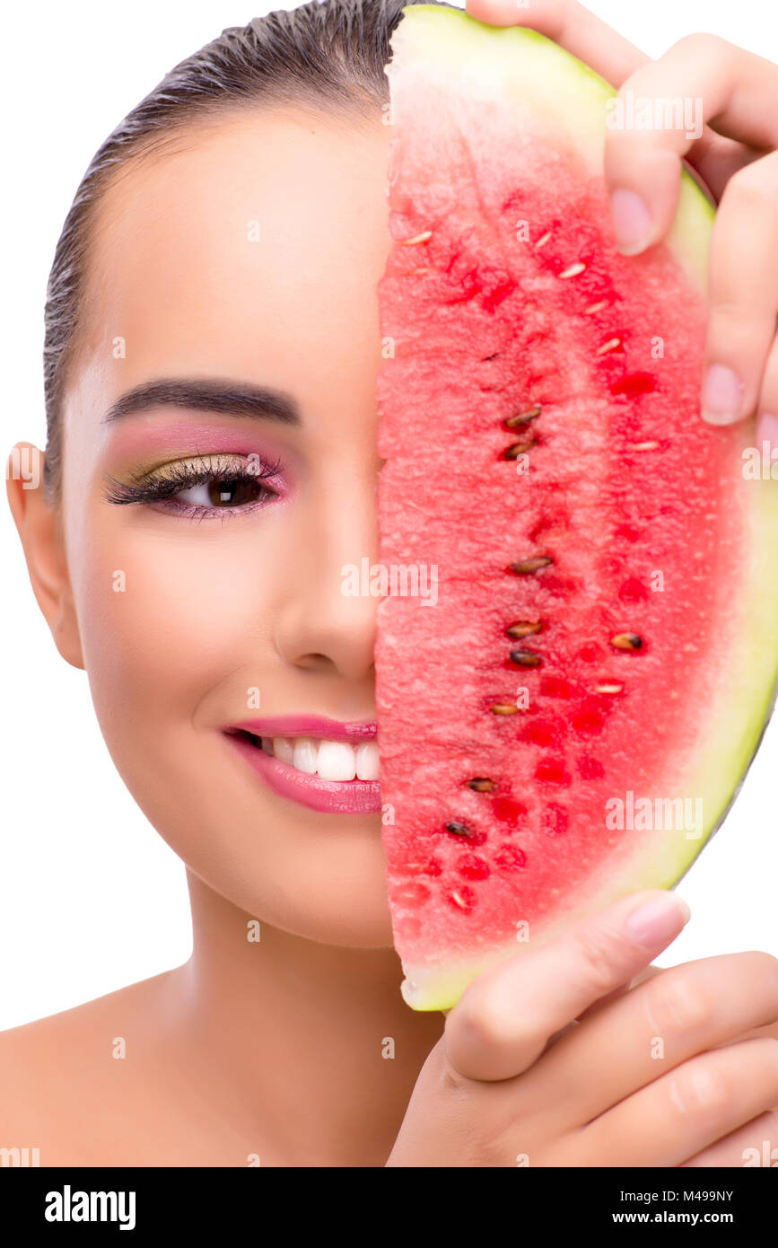 Beautiful woman with watermelon isolated on white Stock Photo - Alamy