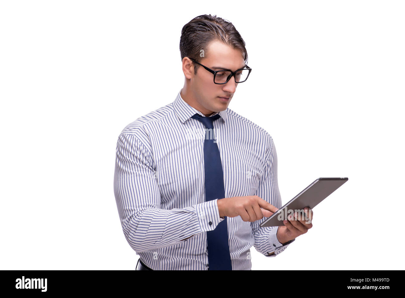 Handsome businessman working with tablet computer isolated on wh Stock ...