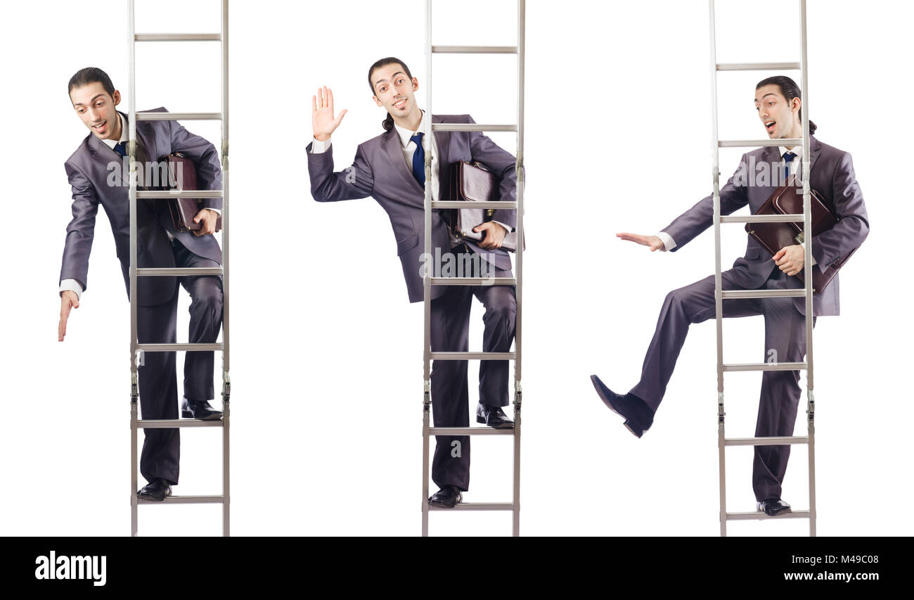 Businessman climbing the ladder isolated on white Stock Photo - Alamy