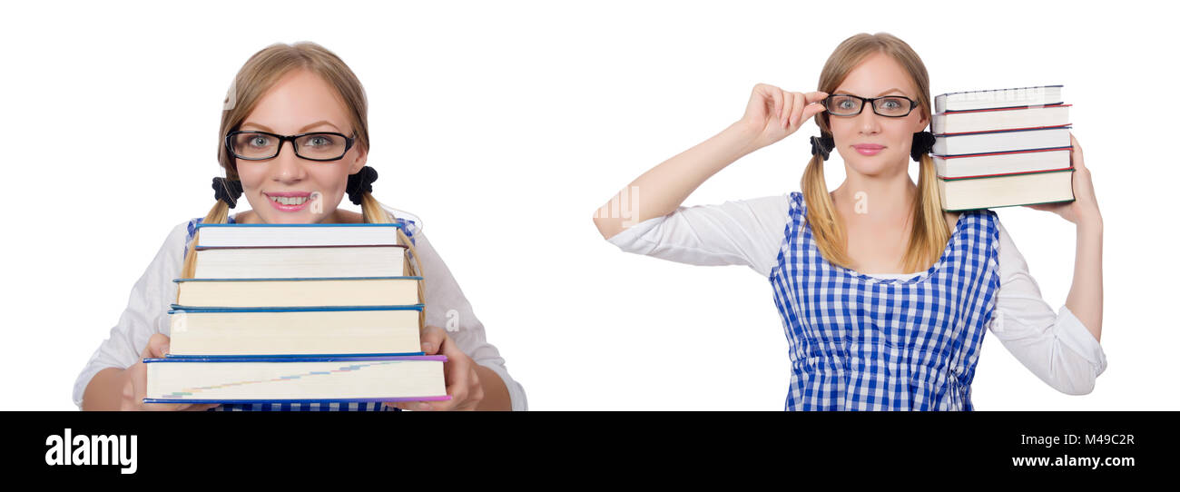 Funny student with stack of books Stock Photo - Alamy