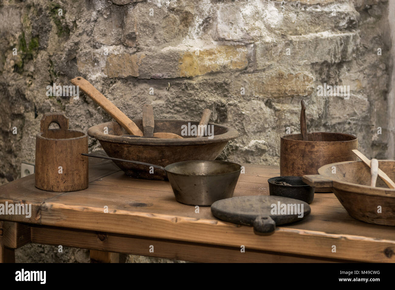 Medieval kitchen with tools, baskets, scale, fireplace Stock Photo - Alamy