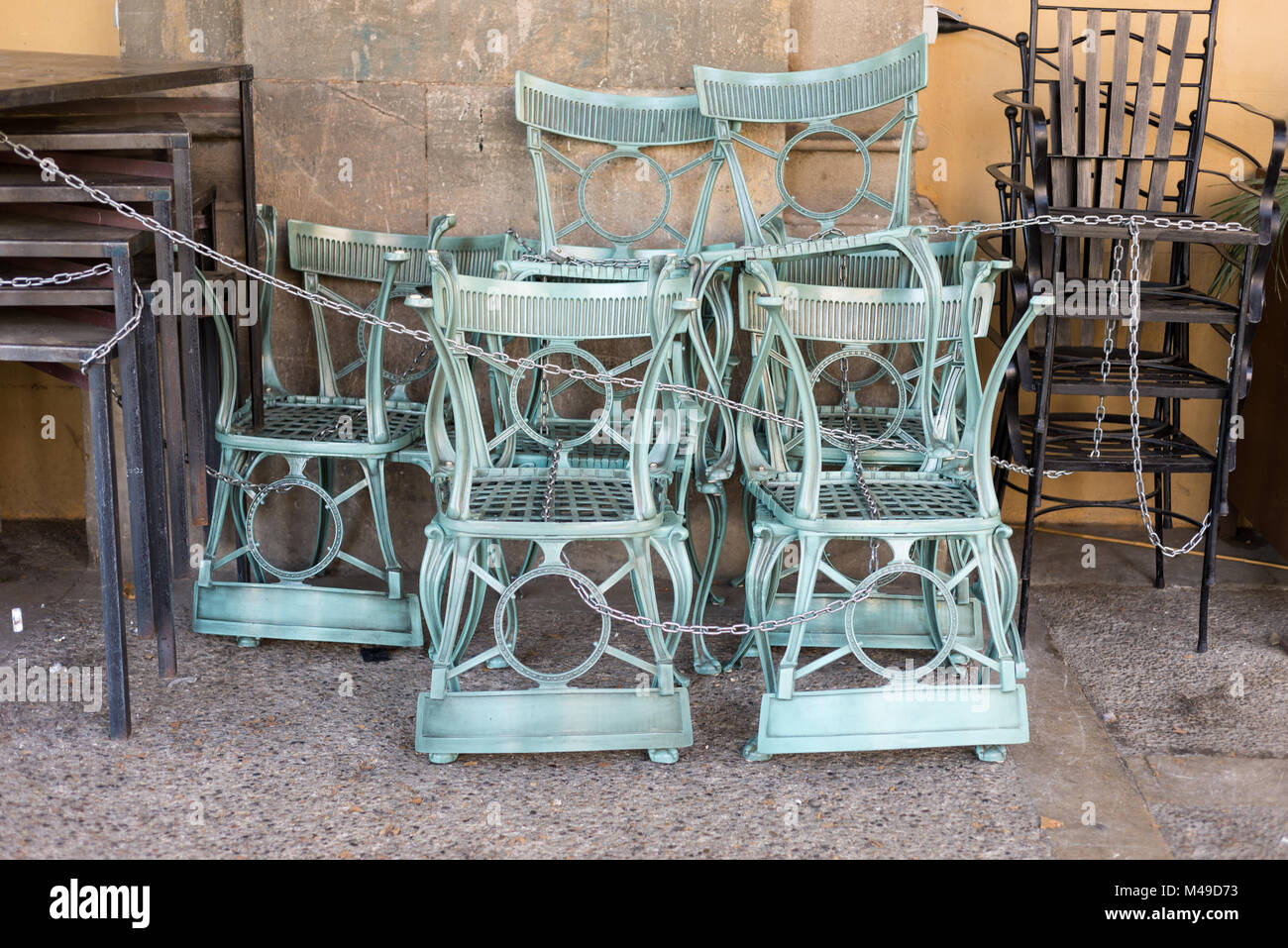Still Live from tables and chairs in Barcelona Stock Photo - Alamy