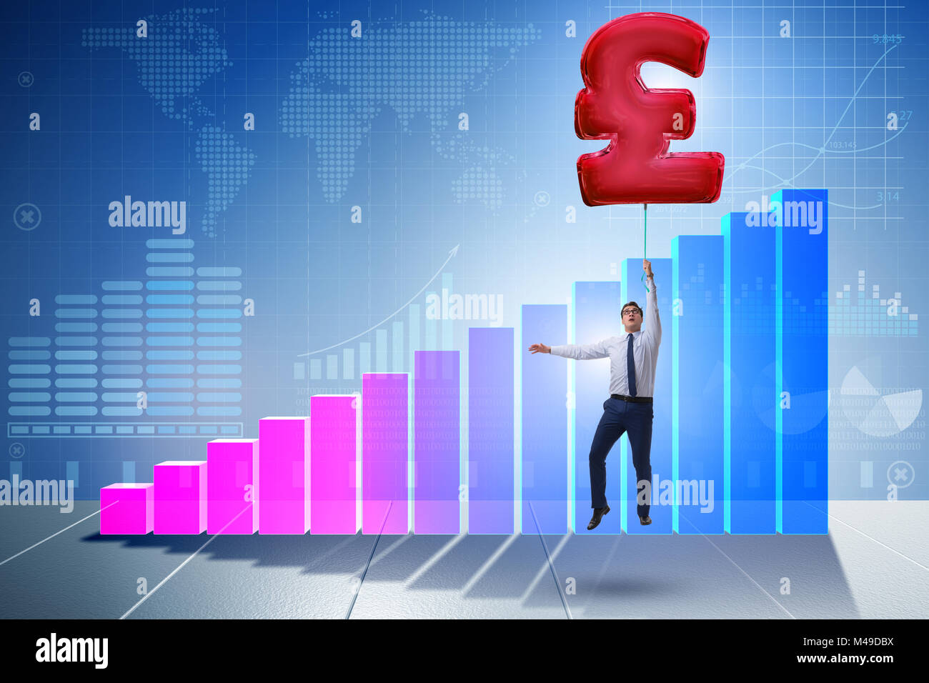 Businessman flying on british pound sign inflatable balloon Stock Photo ...