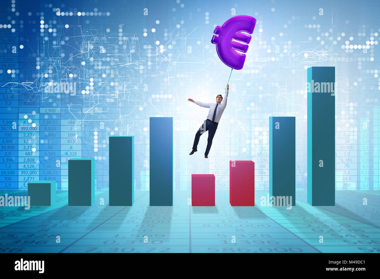 Businessman flying on euro sign inflatable balloon Stock Photo - Alamy