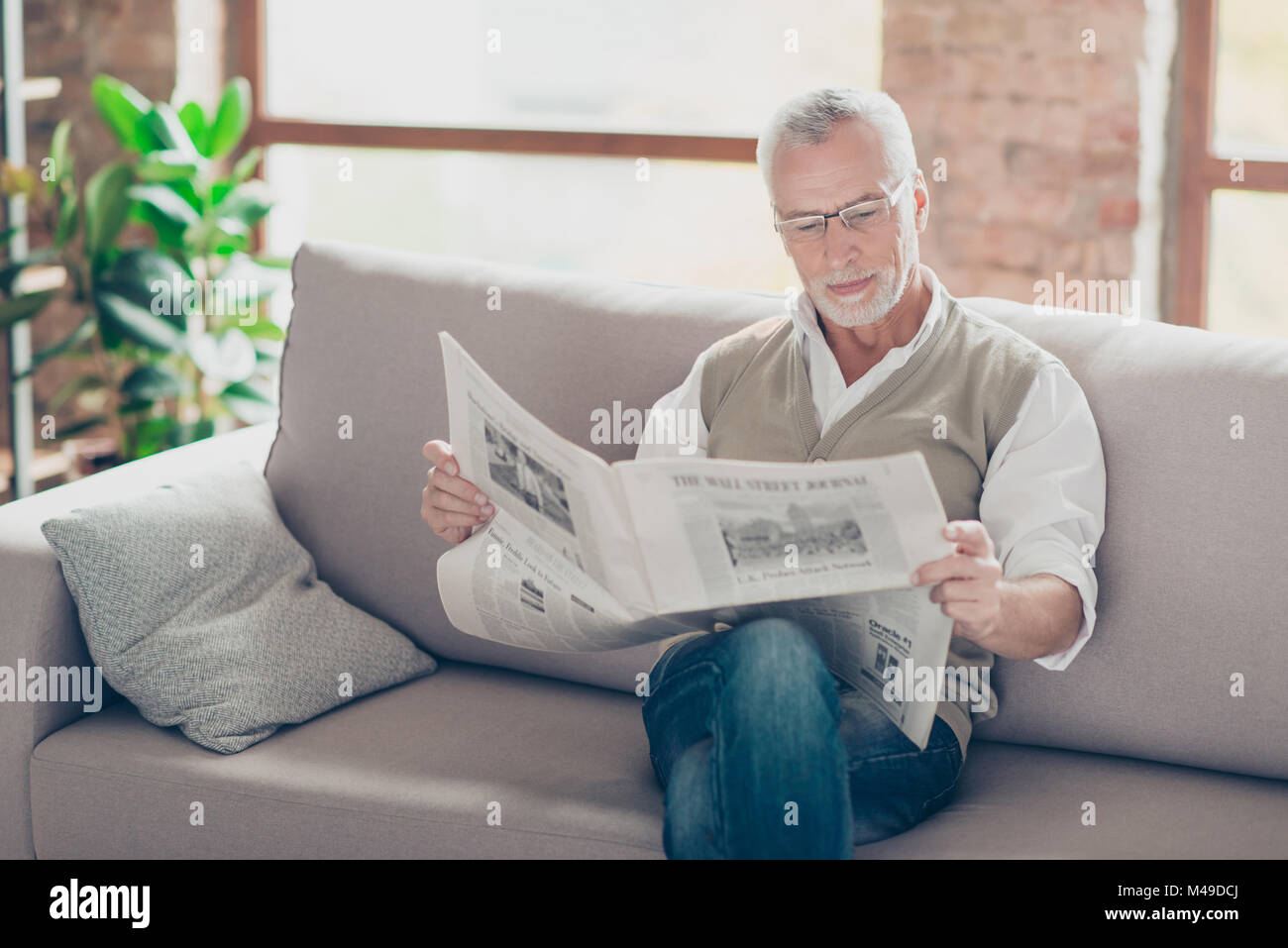 Calm careless atmosphere. Portrait of concentrated confident interested ...