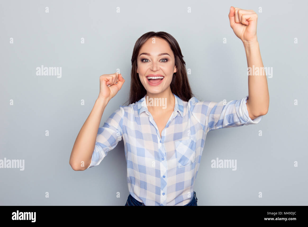 Portrait of cute, gorgeous, pretty, nice, happy woman celebrating a ...