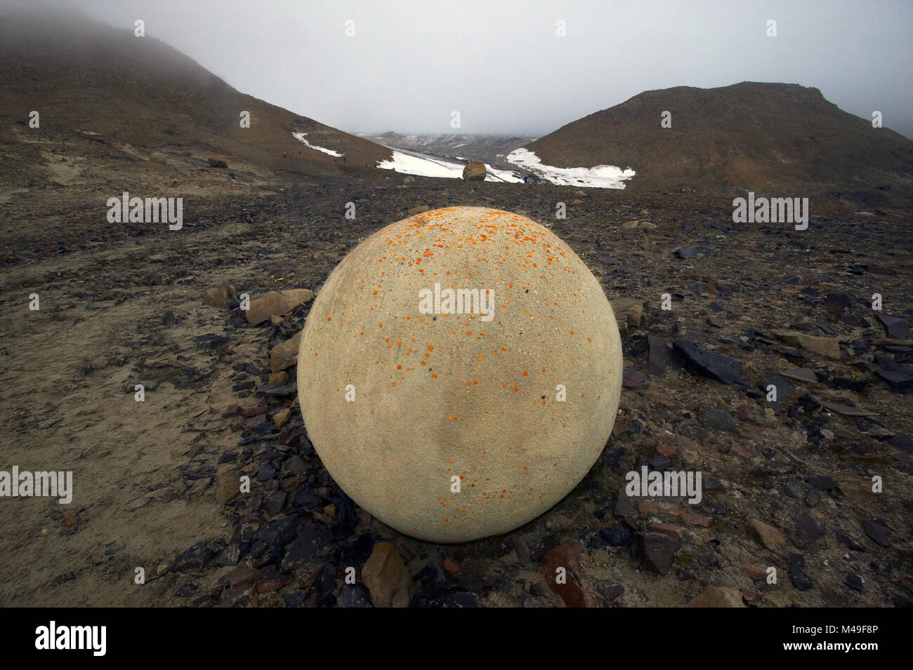 Spherical stone on Champ Island, Franz Josef Land, Russia, July 2004 ...