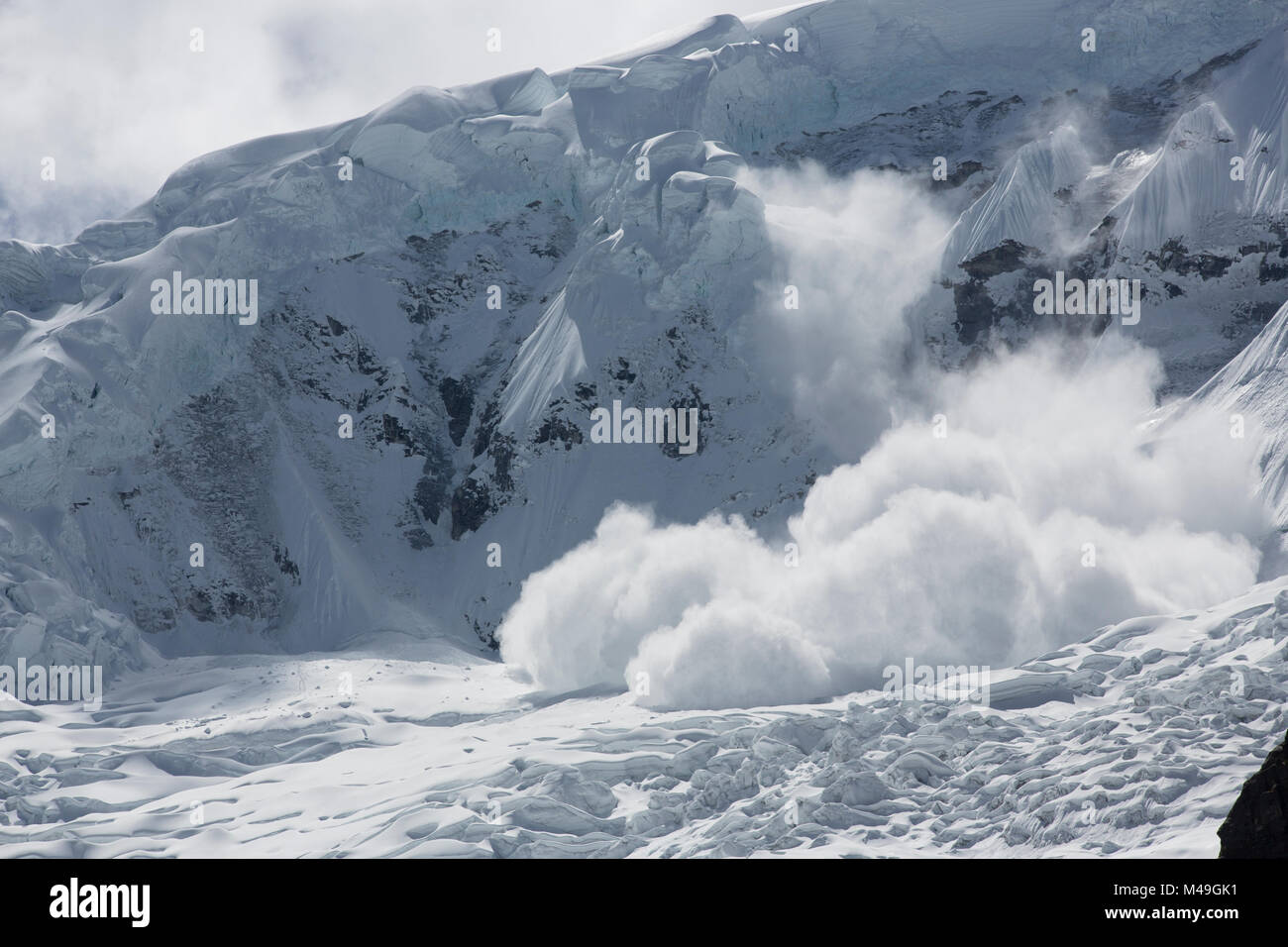 Avalanche rolling down mountain, Llaca glacier surrounding Cordillera ...