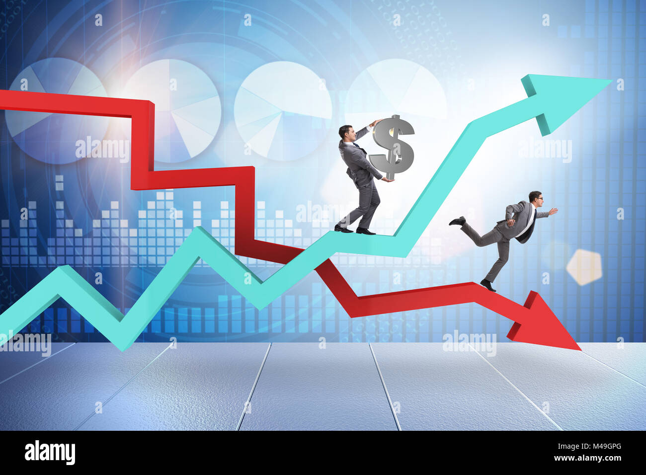 Businessman with charts of growth and decline Stock Photo - Alamy