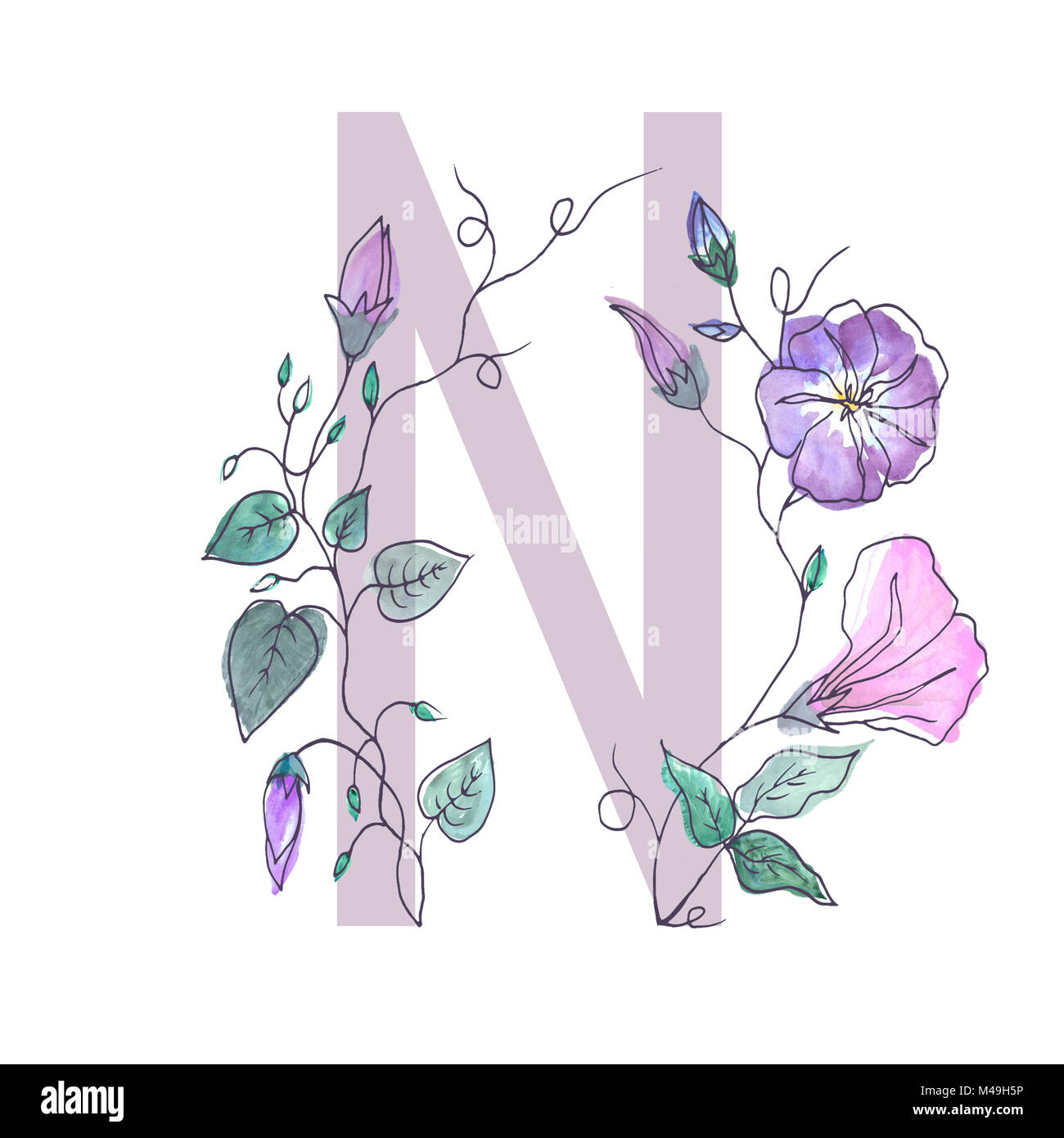 The capital letter from the alphabet is decorated with curly flowers ...