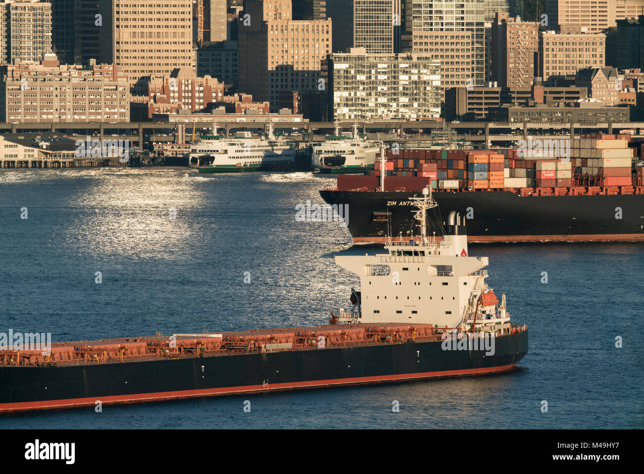 United States, Washington, Puget Sound, freighters in Elliott Bay and ...