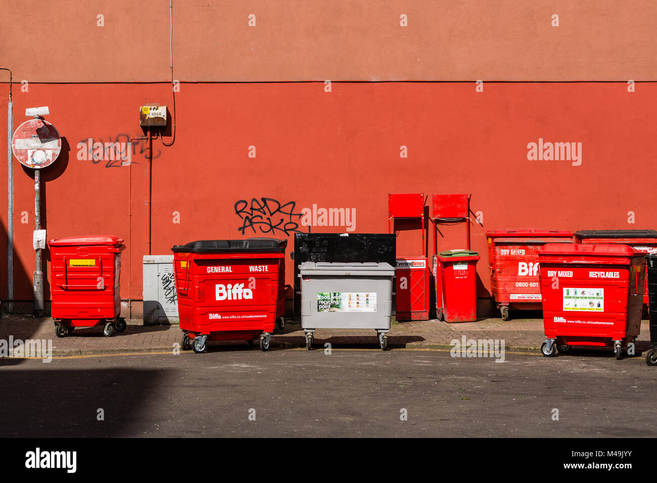 Biffa commercial rubbish bins on a UK city street, Dundas Street ...