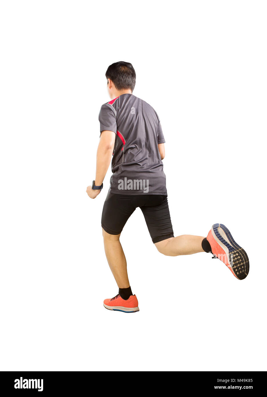 back view of sport man wearing exercise suit running forward isolated ...