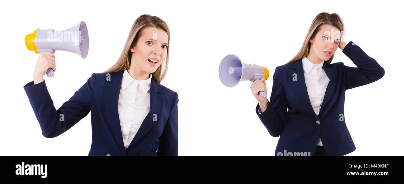 Businesswoman with loudspeaker isolated on white Stock Photo - Alamy