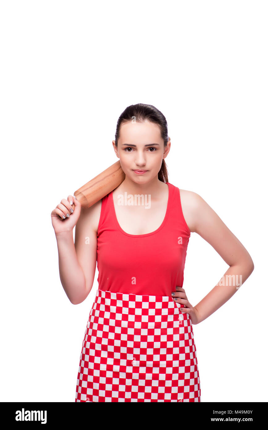 Young angry woman with rolling pin isolated on white Stock Photo - Alamy