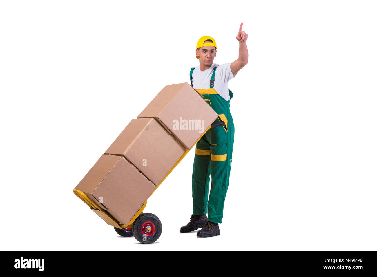 Young man moving boxes with cart isolated on white Stock Photo - Alamy