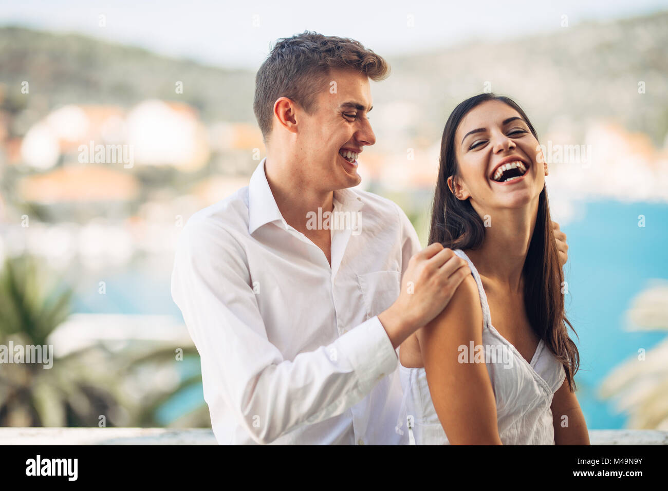 Loving couple spending vacation on tropical island.Newlyweds honeymoon ...