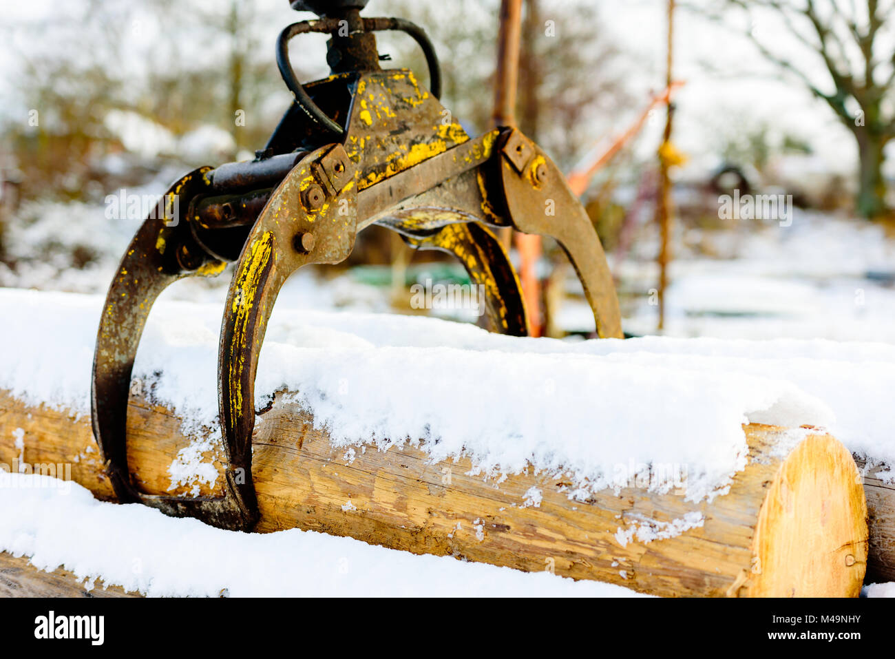 Timber gripper picking up snow covered log from stack Stock Photo - Alamy
