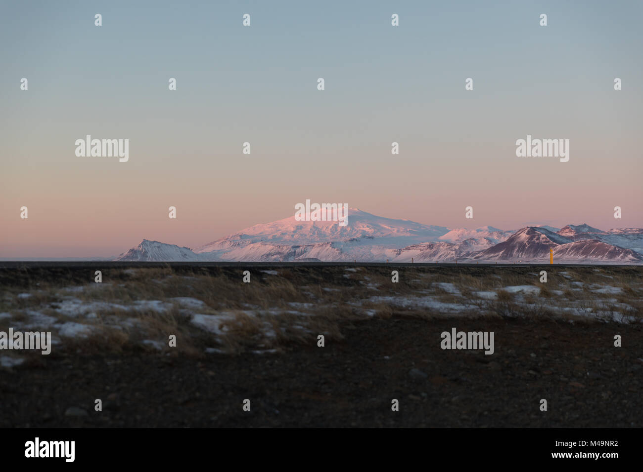 The snow covered volcano, Snæfellsjökull on the Snaefellsnes Peninsula ...
